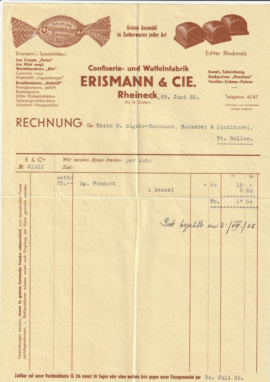 Rechnung Rheineck 1935 Confiserie Erismann | Kaufen auf Ricardo