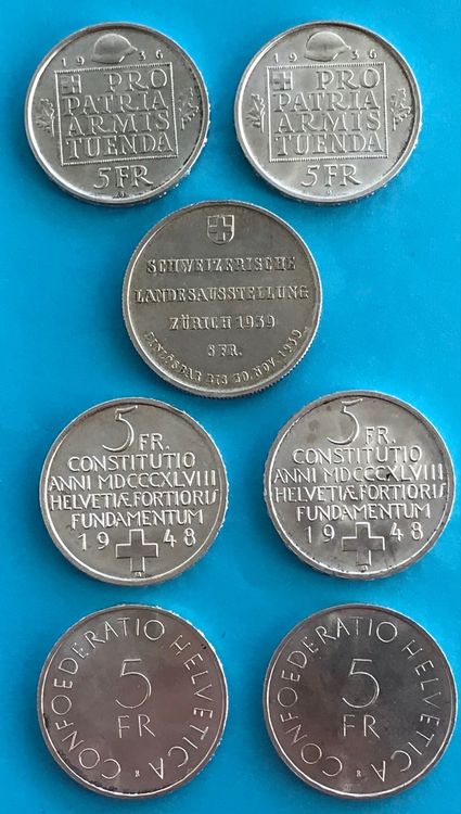7 Schweizer Silber 5 Franken-Gedenkmünzen von 1936 bis 1963 (Gebraucht) in Zuerich für CHF 73 ...
