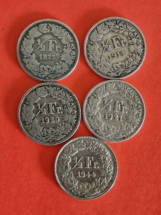 5 Silber Munzen 50 Rappen 1885/ 1914/ 1920/ 1921/ 1944 | Kaufen auf Ricardo