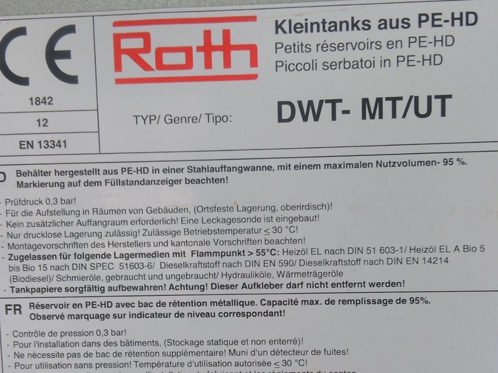 Öltank Heizöltank Roth DWT Tank 1500 Liter von 01/2019 (Gebraucht) in ...
