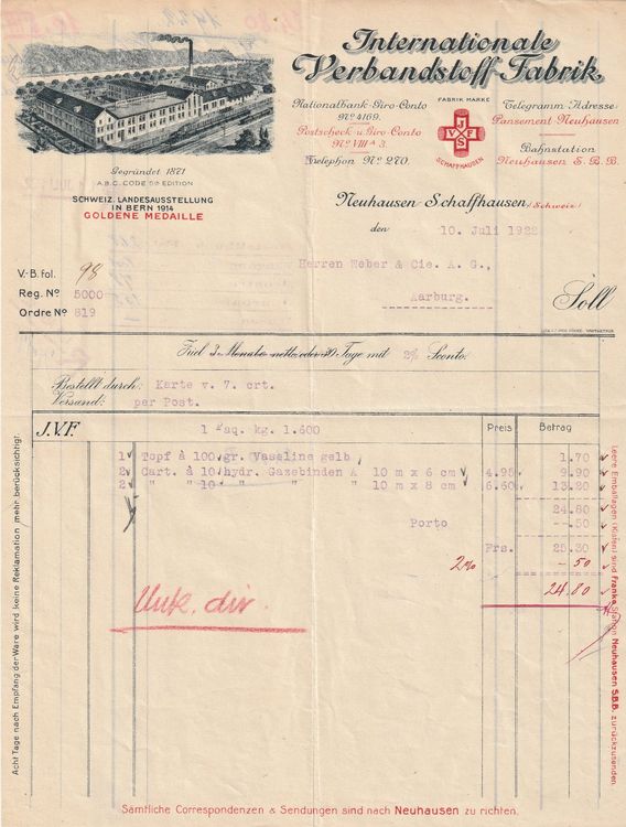 Rechnung Neuhausen 1922 Intern. Verbandstoff-Fabrik | Kaufen auf Ricardo
