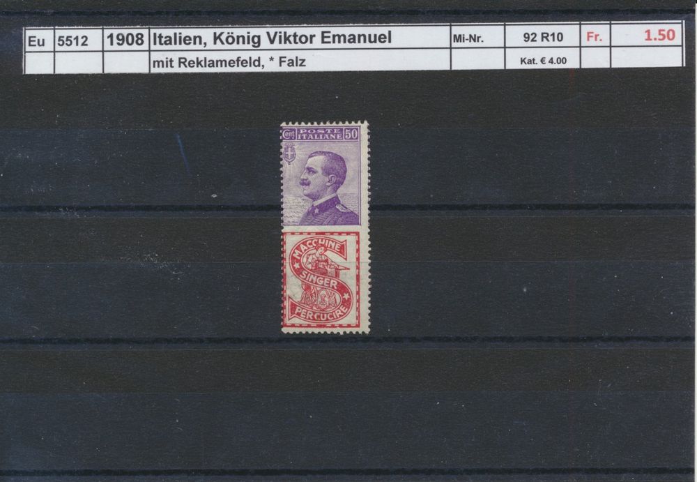 1908 Italien, "König Viktor Emanuel" - mit Reklamefeld, Falz (Neu ...