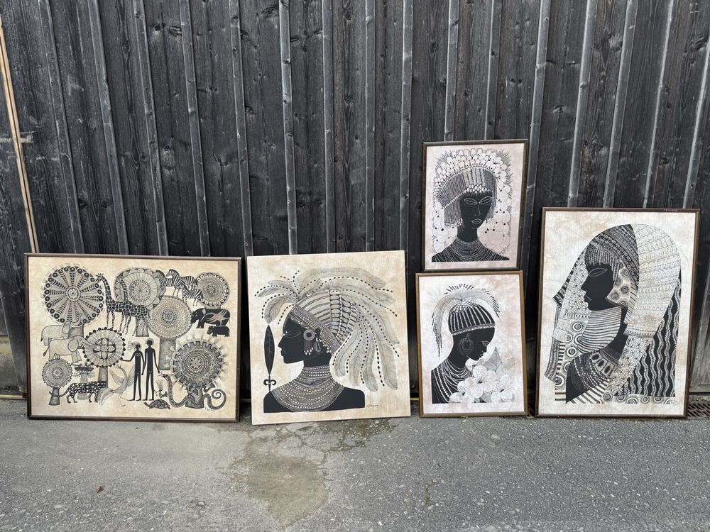 5 afrikanische Bilder, Batik Leinwanddruck, Heidi Lange (Gebraucht) in ...