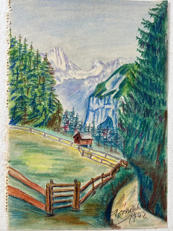Alpenlandschaft Aquarell Kreidezeichnung signiert 1942 (Gebraucht) in Neuhausen am Rheinfall für ...