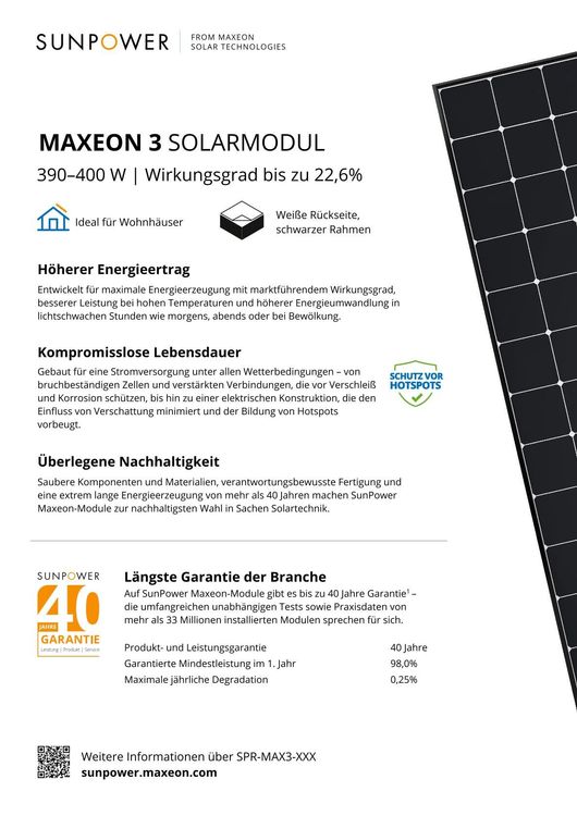 PV-Modul Sunpower Maxeon 400 Wp white backsheet (Neu (gemäss ...