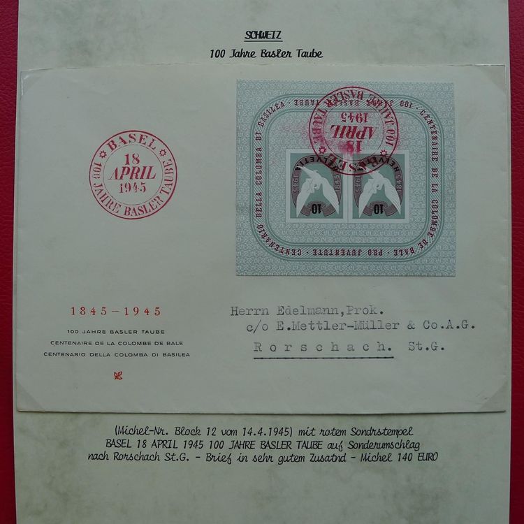 W23 Baslertaube-Block, Brief SBK: 150.- (Gebraucht) in Sursee für CHF 10 – mit Lieferung auf ...