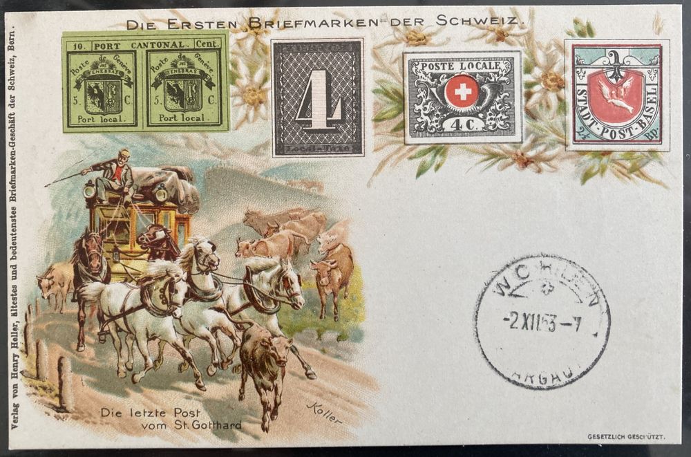 Postkarte "Die ersten Briefmarken der Schweiz" mit FDC 1953 (Gebraucht) in Flawil für CHF 20 ...