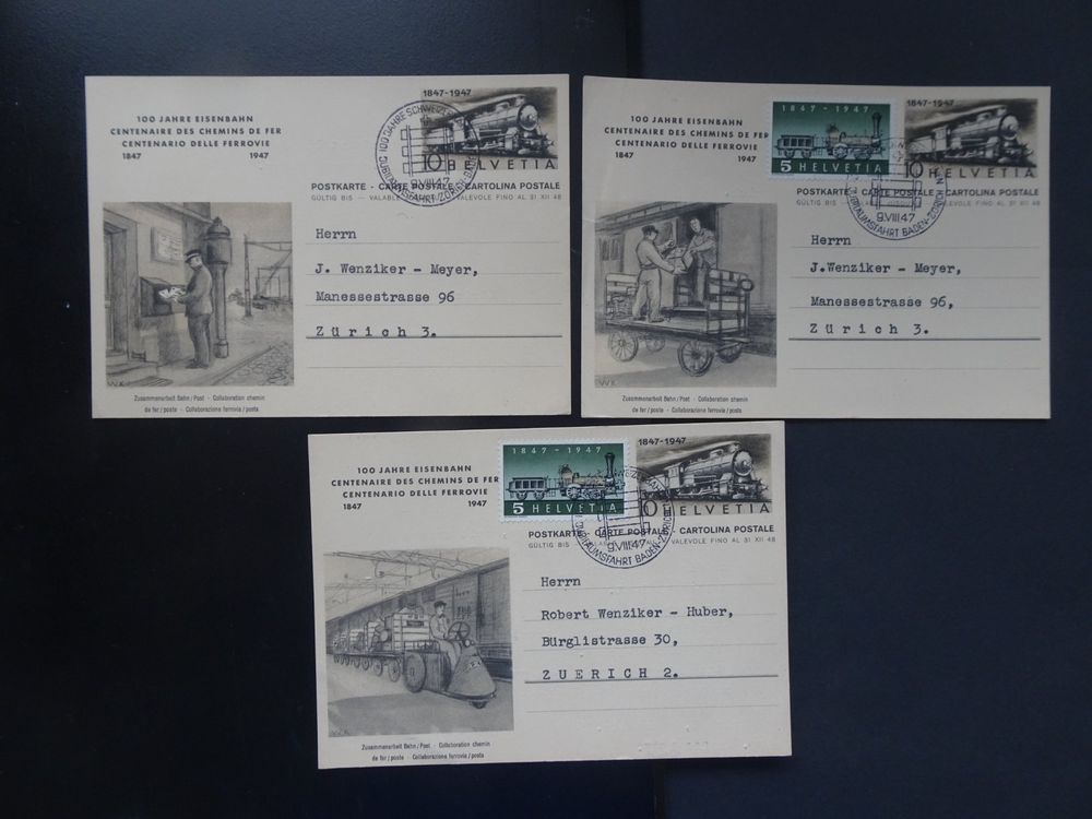 1947, Schweizer Eisenbahn 100 Jahre, 3x Ganzsache gelaufen (Neu (gemäss Beschreibung)) in Stäfa ...