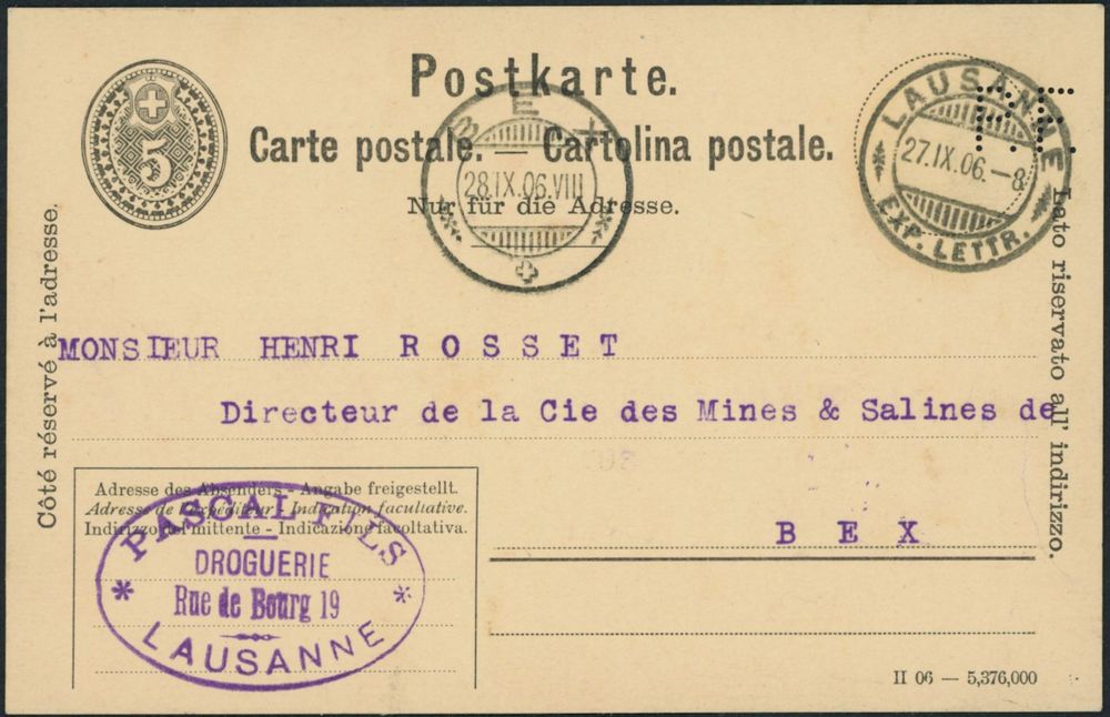 1906 - Postkarte - Perfin - Lausanne - nach Bex - Ganzsache (Gebraucht) in Schindellegi für CHF ...