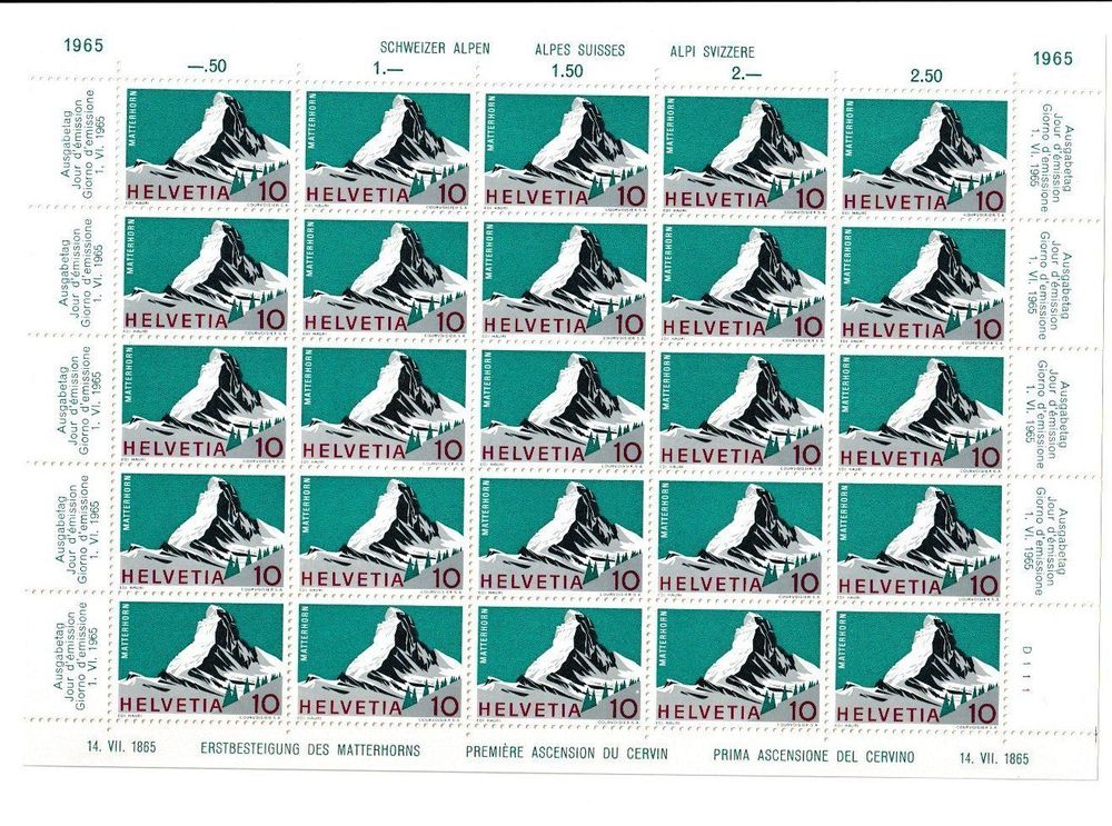 1 Briefmarkenbogen Schweizer Alpen 1965 (Neu (gemäss Beschreibung)) in Gisikon für CHF 10 – mit ...