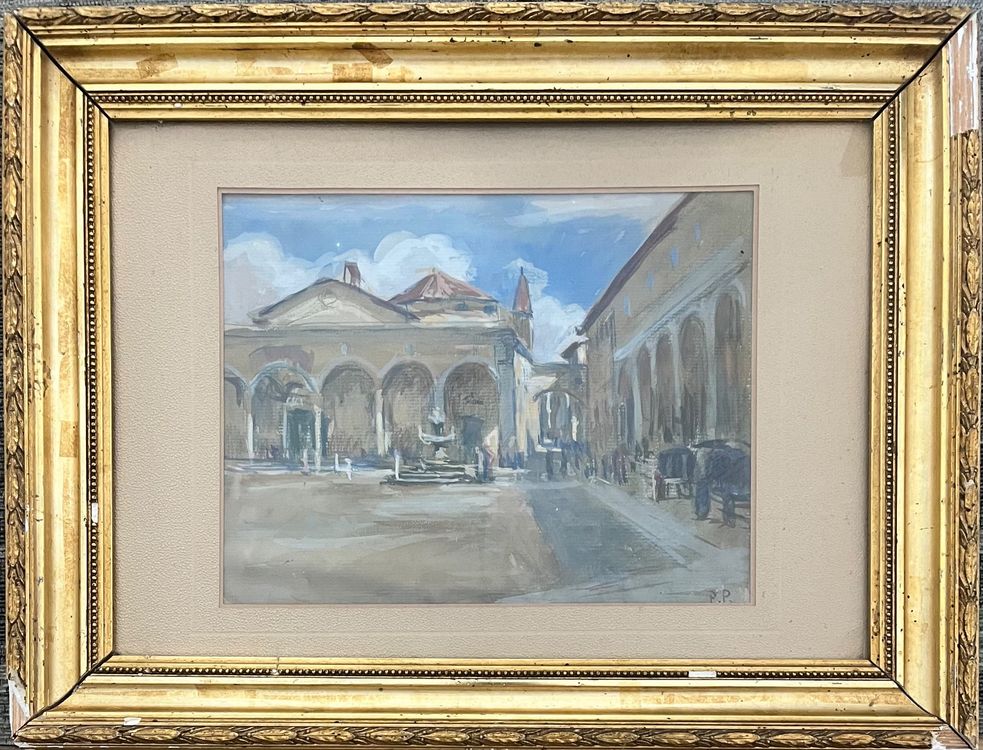 Antike Innenhof Szene Aquarell, Monogrammiert: P.P. | Kaufen auf Ricardo