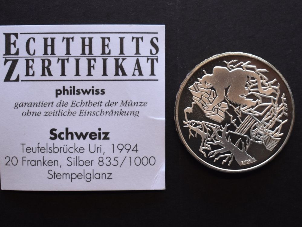 Zwanzig Franken Gedenkmünze Silber. Teufelsbrücke 1994 (Neu (gemäss Beschreibung)) in Bettingen ...