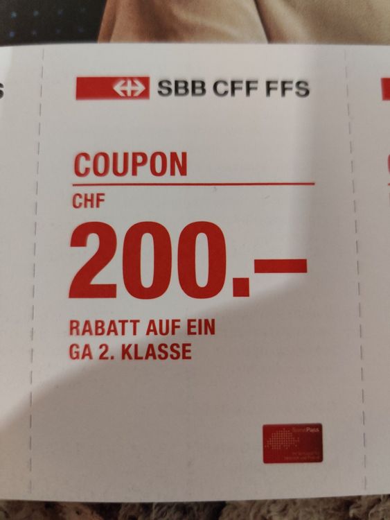 SBB Gutschein 200.- Rabatt auf ein GA 2. Klasse | Kaufen auf Ricardo