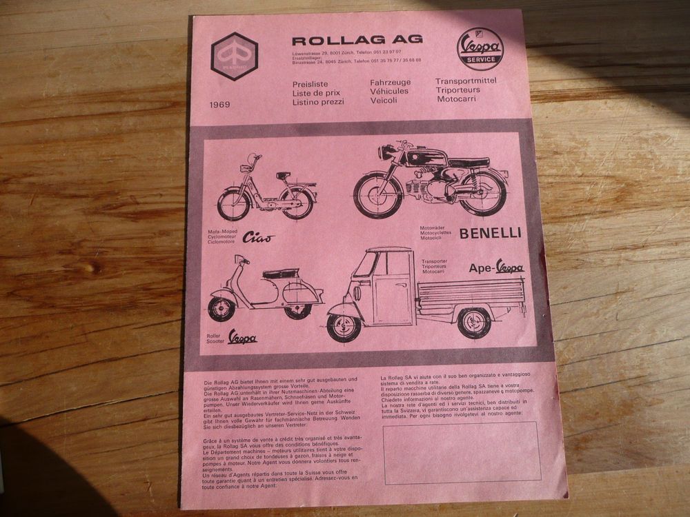 Piaggio Vespa Ape Ciao Preisliste 1969 | Kaufen auf Ricardo