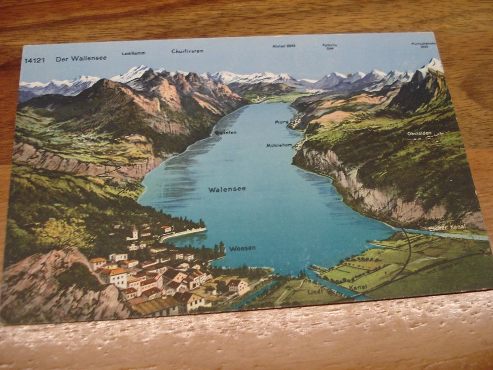 Panoramakarte Walensee, um 1920 farbig ungelaufen (Defekt) in Niederwil ...