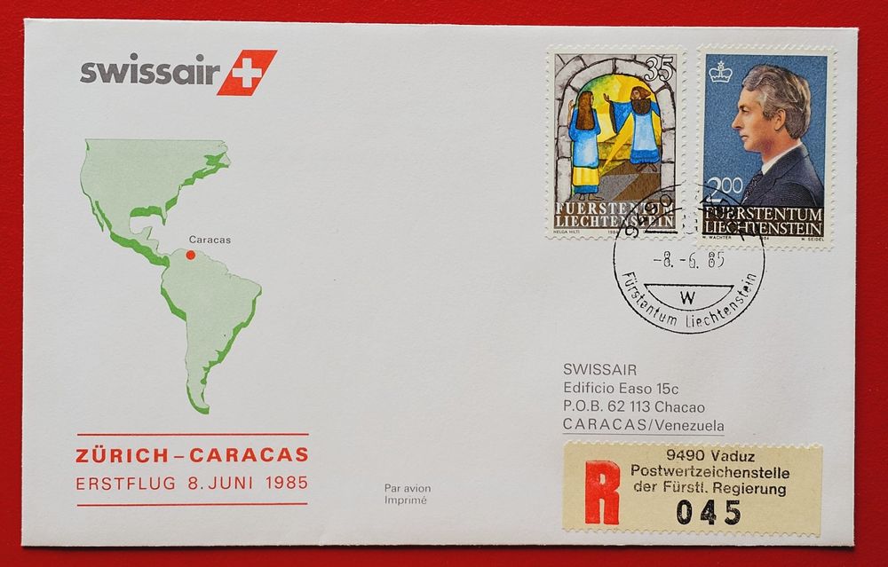 LIECHTENSTEIN SWISSAIR FLUGPOST ZHR CARACAS VENEZUELA 1985 (Neu (gemäss ...