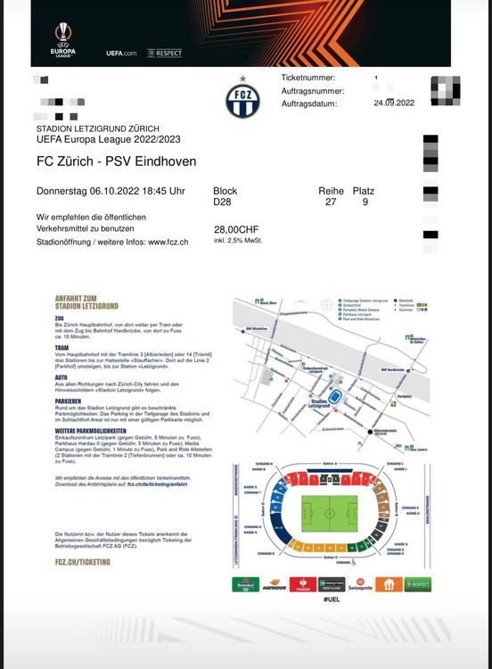 FC Zürich - PSV Eindhoven Ticket D-Sitzplatz (Neu und originalverpackt ...