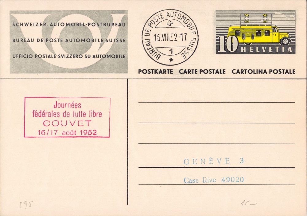 1952 Postkarte Couvet Journées fédérales de lutte (Postauto) (D ...