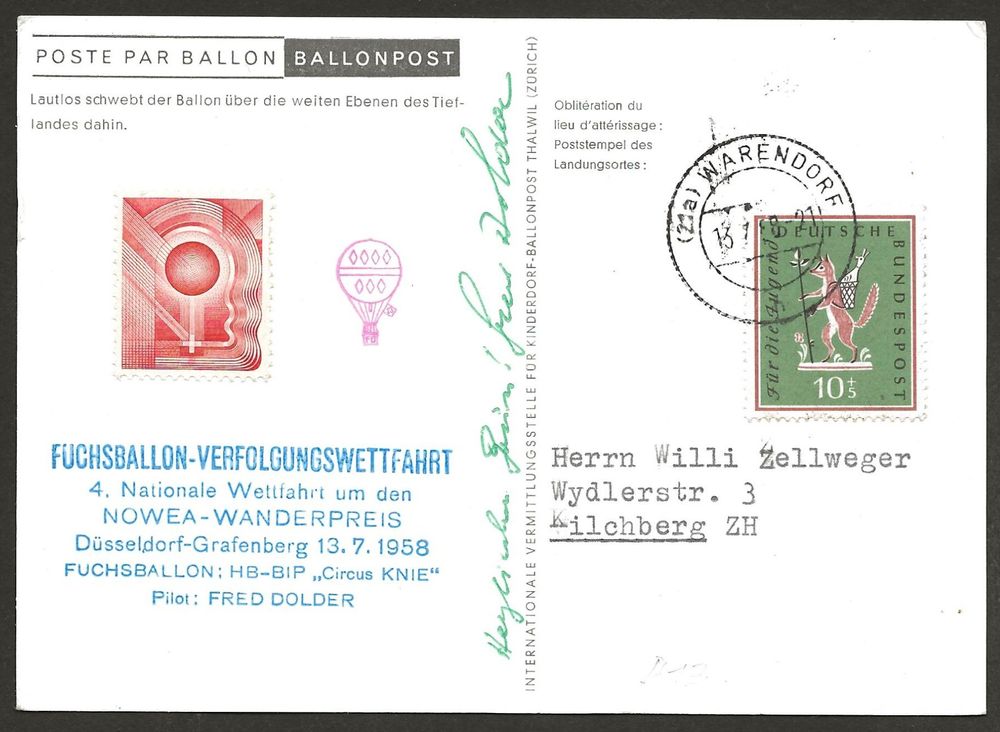 CH Knie Ballon Deutschland 1958 Düsseldorf Warensdo Luftpost (Gebraucht) in Au ZH für CHF 1.5 ...