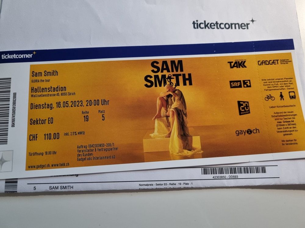 Sam Smith Ticket, 16.05.2023, Hallenstadion | Kaufen auf Ricardo
