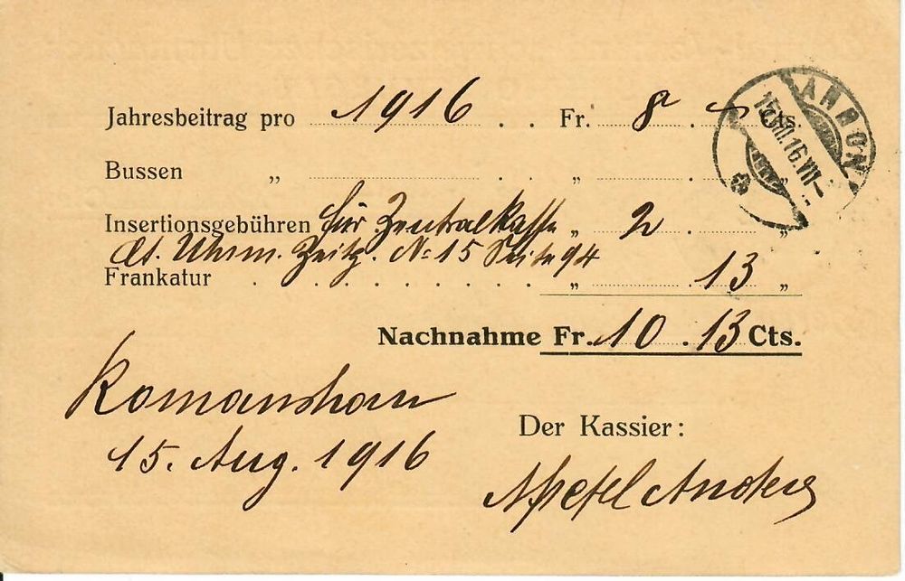 PK, Zentral Verband CH Uhrmacher Sektion Thurgau 1916 (Gebraucht) in ...
