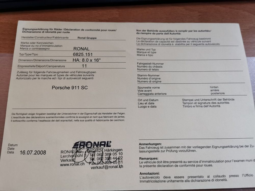 Eignungserklärung für Ronal Penta Räder auf Porsche 911 SC (Neu (gemäss ...