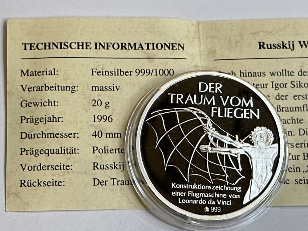 Medaille Silber 999 20g Der Traum vom Fliegen Russkij Witiaz (Neu und originalverpackt) in ...