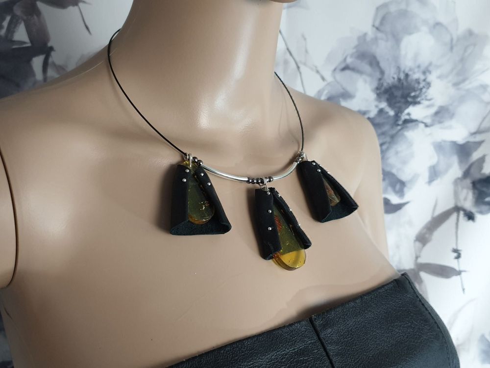 Bernstein Collier mit Leder Unikat Bernsteinkette natur (Neu (gemäss ...