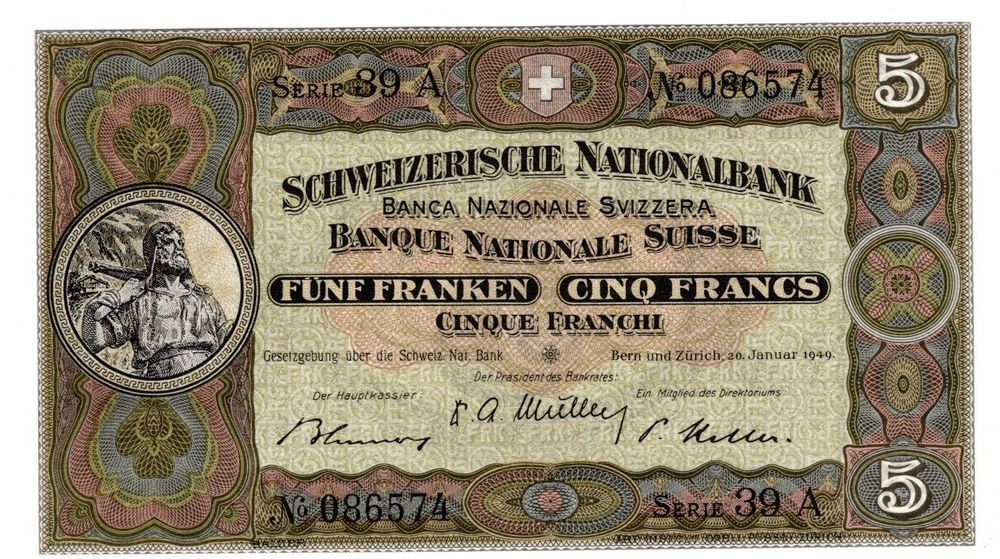 Note 5 FR 1949 Bankfrisch (Neu und originalverpackt) in Bure für CHF 20 ...