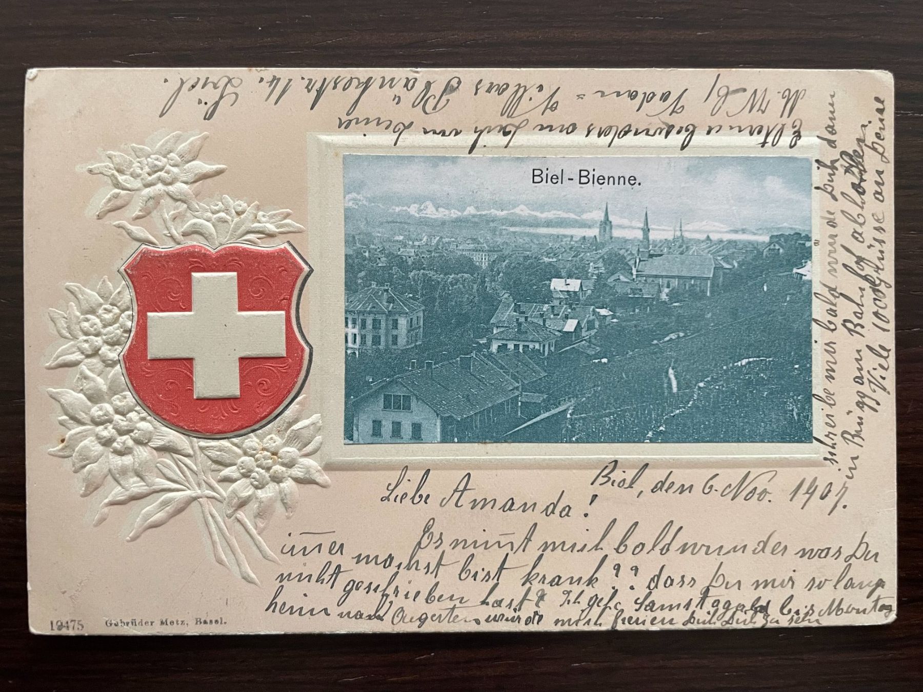 BIEL / BIENNE Prägekarte, Wappen, Edelweiss, 1907 (Gebraucht) in Wald ZH für CHF 5 – mit ...