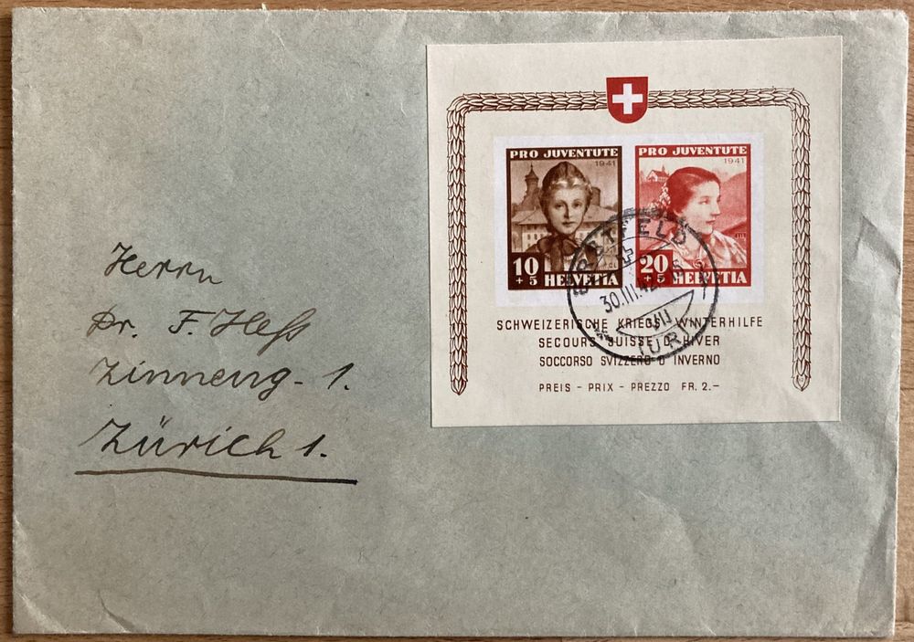 1941, PJ Winterhilfeblock Block 6 auf Beleg, SBK 650 Fr. (Gebraucht) in Flawil für CHF 69 – mit ...