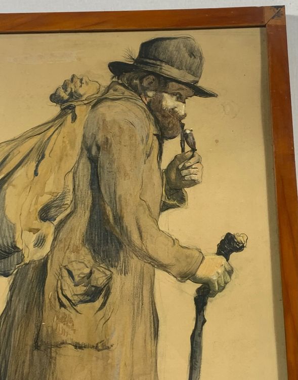 Rudolf Poeschmann (1878-1954) Aquarell-Mann mit Pfeiffe (D'occasion) à ...