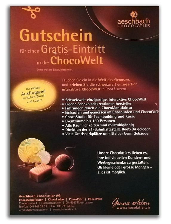 Eintritt Aeschbach ChocoWelt Gutschein Bon Ticket Tickets (Neu und ...