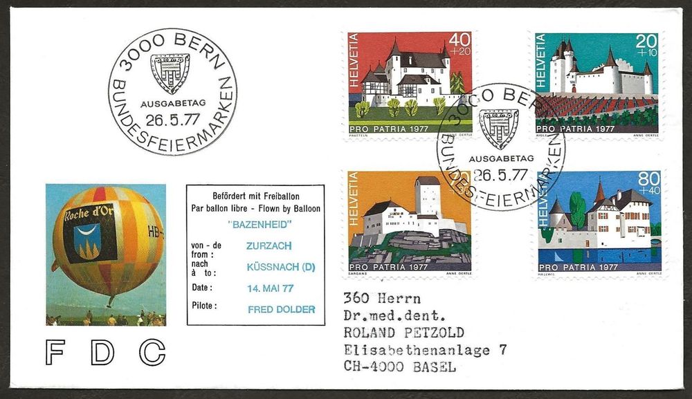 Ballon Schweiz 1977 Zurzach Küssnacht Pro Patria Schloss FDC (Gebraucht) in Au ZH für CHF 2.5 ...