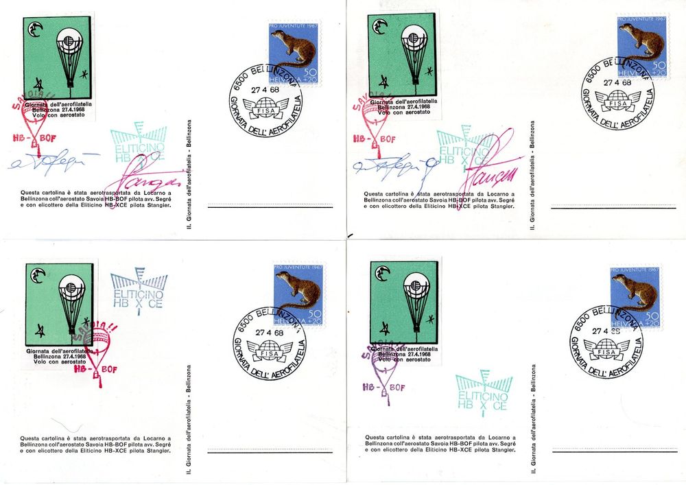 1968 4 Karten Ballonpost Bellinzona 2 m. Unterschrift (c) (Gebraucht) in für CHF 5 – mit ...