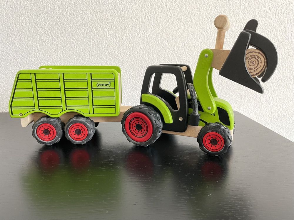 PINTOY Holztraktor mit Gabellader und Kippanhänger | Kaufen auf Ricardo