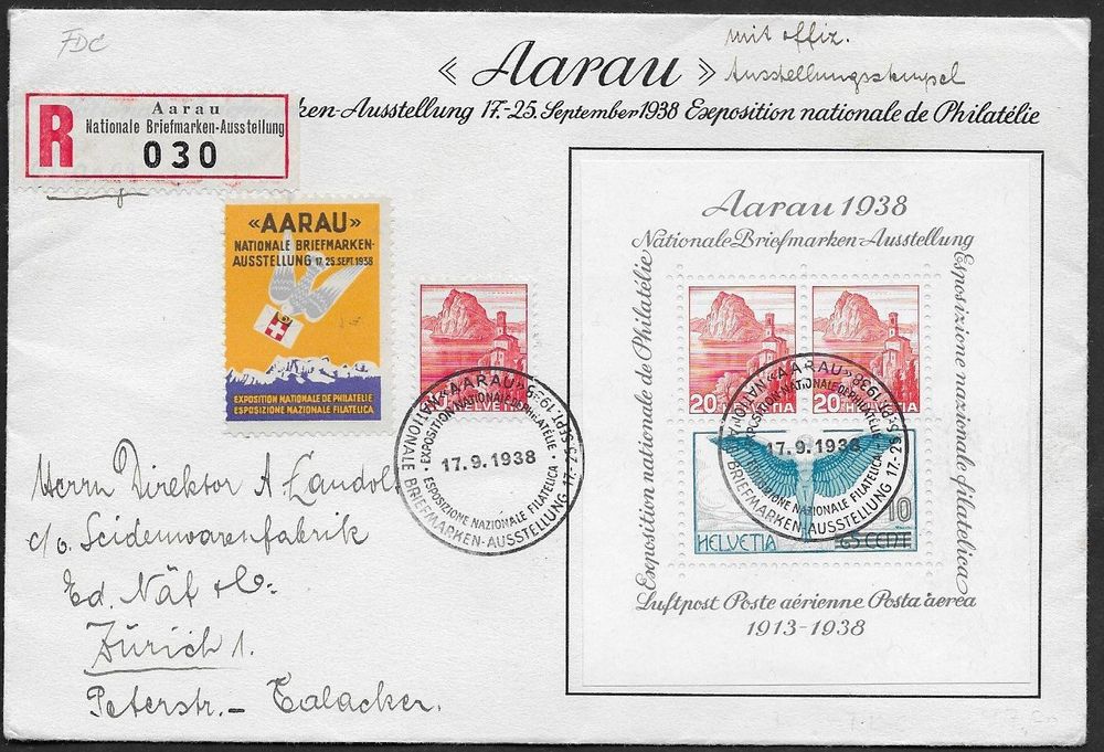1938 R/FDC AARAU Block W11 + Nr. 215y ET-o SBK 1000.- ab 1.- (Gebraucht) in Zürich für CHF 96 ...