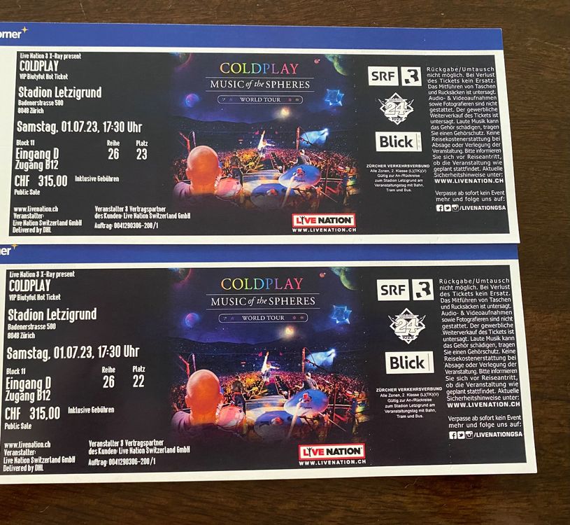 2 Coldplay VIP Sitzplatz Ticket (nebeneinander) 01.07. | Kaufen auf Ricardo