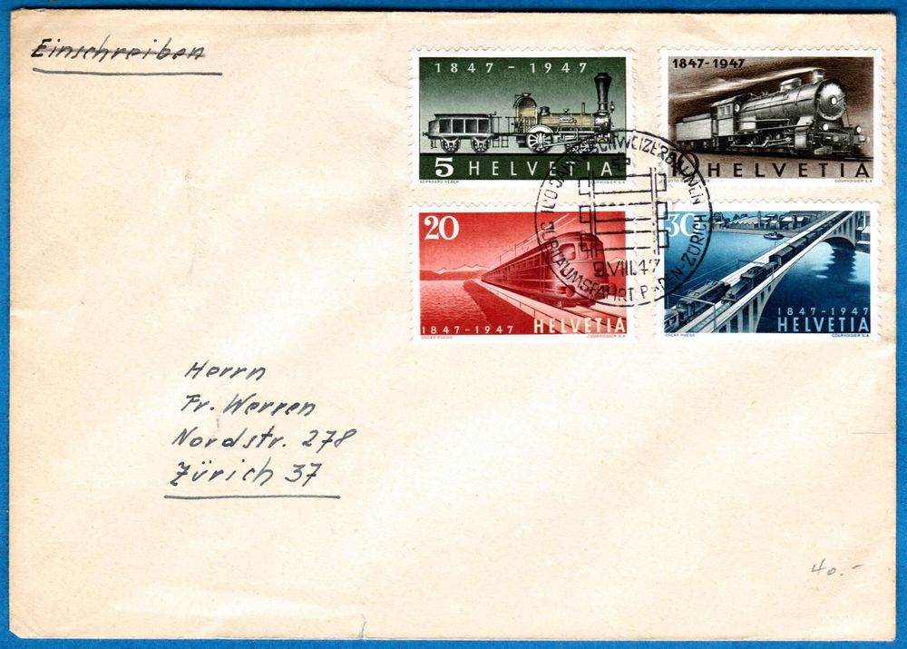 1947 FDC 100 Jahre Schweizerische Eisenbahnen (Gebraucht) in Mellingen für CHF 4 – mit Lieferung ...