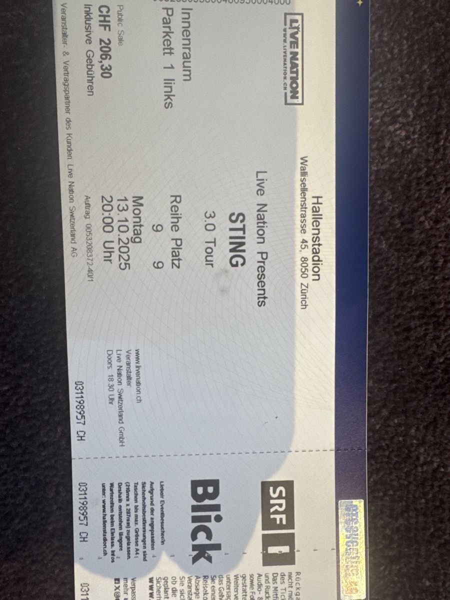 2 STING Tickets Hallenstadion Zuerich, 13.10.2025, Top Platz (Neu und ...