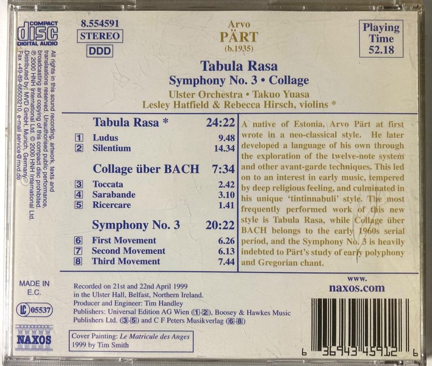 PÄRT....... - ORCHESTRAL WORKS: TABULA RASA (D'occasion) à Poliez ...