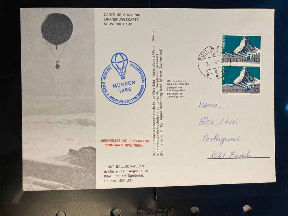Schweiz 1966 Ballonpostkarte Ball. Edouard Spelterini Mürren (Gebraucht) in Liestal für CHF 2 ...
