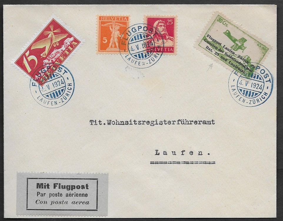 1924 Flugpost Laufen - ZH Top Frankat./VIGNETTE Abart ab 1.- (Gebraucht) in Zürich für CHF 86 ...