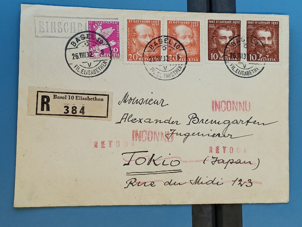 Alter Retour Brief / Basel - Tokio Japan mit Vignette / 1932 (Gebraucht) in Brugg AG für CHF 15 ...