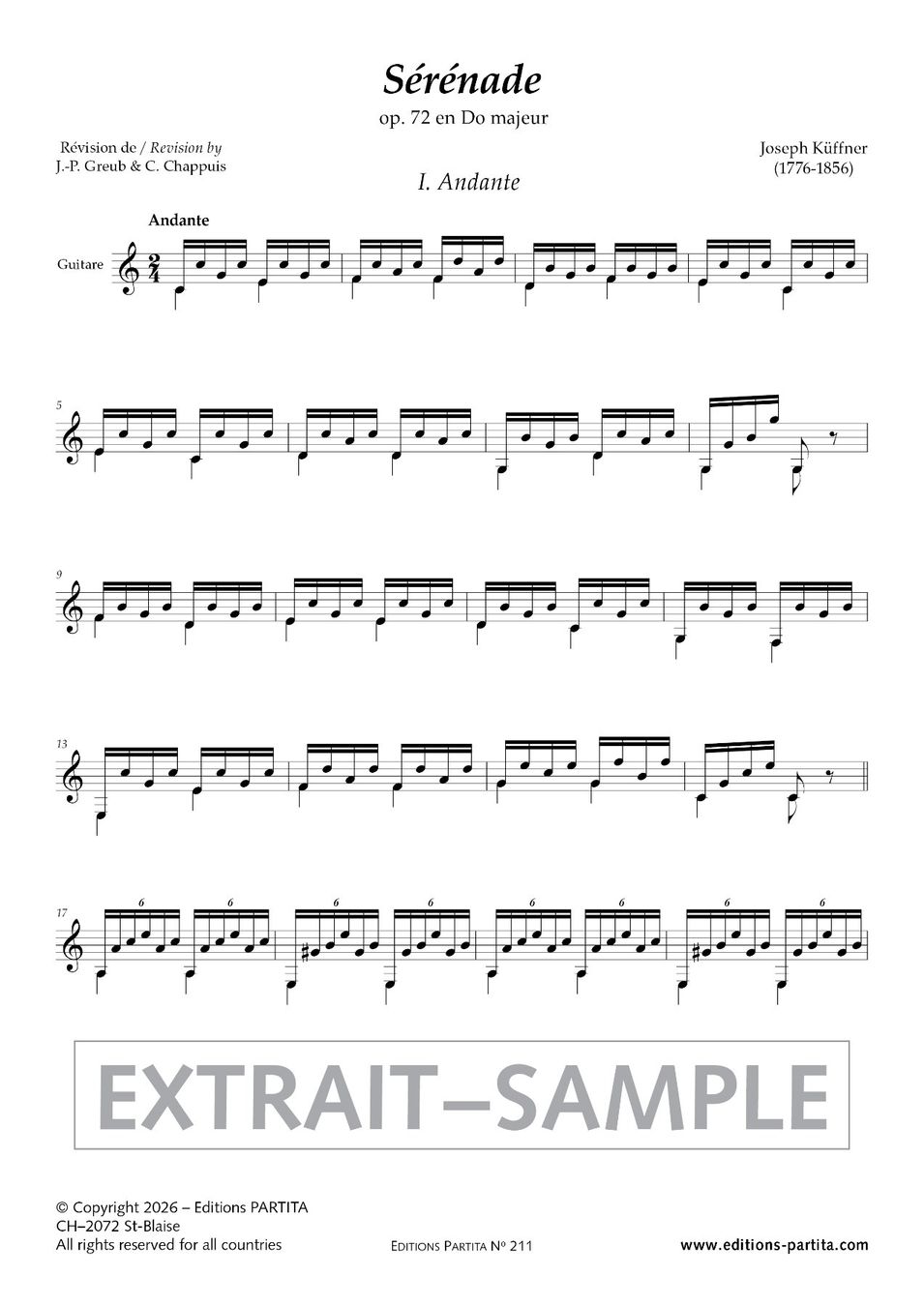 J. KÜFFNER – Sérénade op. 72 pour flûte/violon et guitare (Neuf avec ...