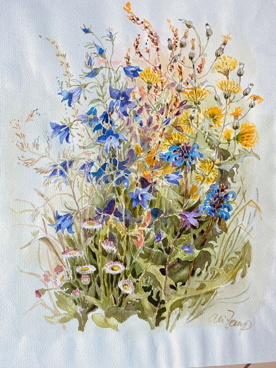 grosses original Aquarell gemalt signiert Blumenwiese | Acheter sur Ricardo