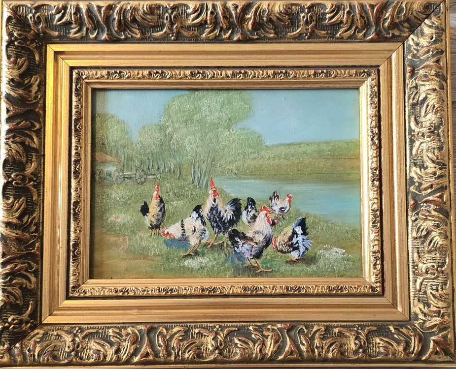 Hübsches Ölgemälde Hühner am Bach gerahmt (Gebraucht) in Chur für CHF 30 – nur Abholung auf ...