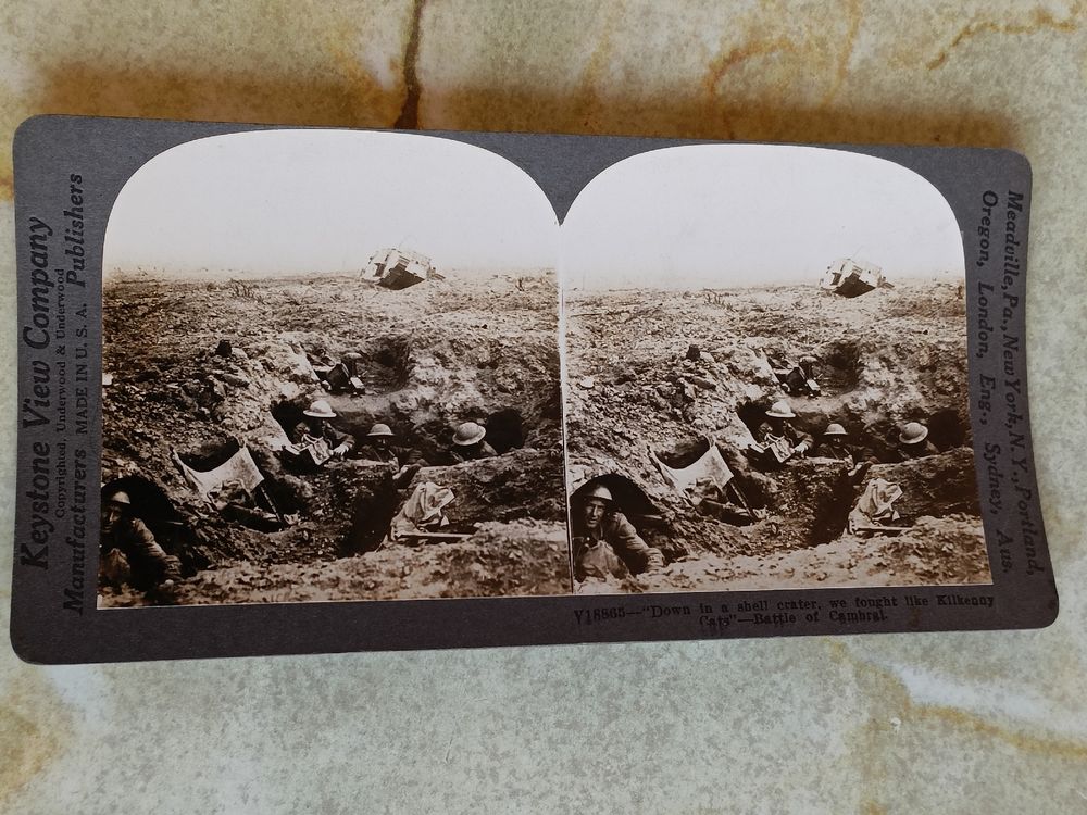 Stereo Photo Karte / 1.WK Im Schützen graben mit Panzer (Gebraucht) in ...
