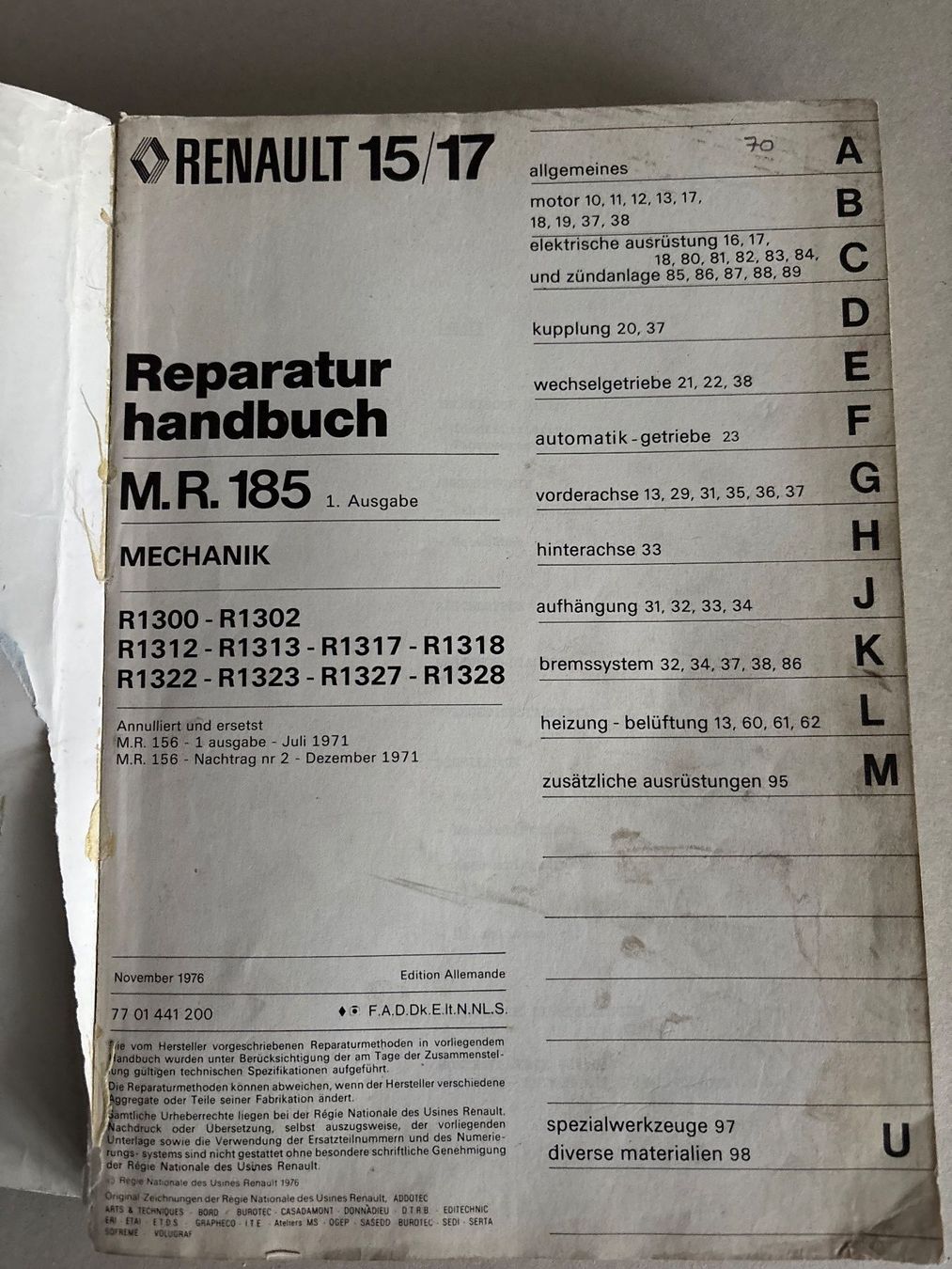 Renault 15/17 Werkstatthandbuch M.R. 185, Deutsch (Gebraucht) in ...