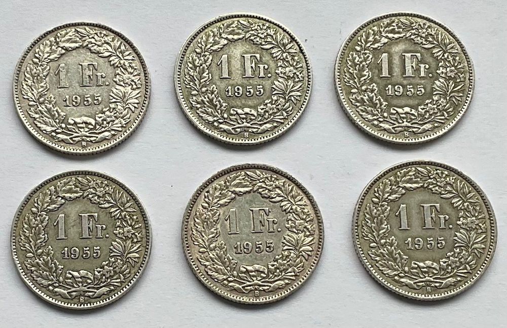 6 Schweizer Silber 1 Franken-Münzen alle mit Jahrgang 1955 (Gebraucht) in Zuerich für CHF 56 ...